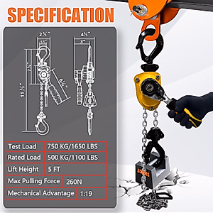 KITUYOTO Mini Chain Hoist 1/2 Ton(1100lbs)-Manual Lever Chain Hoist 5Ft Lift with Safety Hooks|Miniature Come Along Winch Heavy Duty Puller Workshop|Portable Ratchet G80 Chain Fall Hoist for Garages