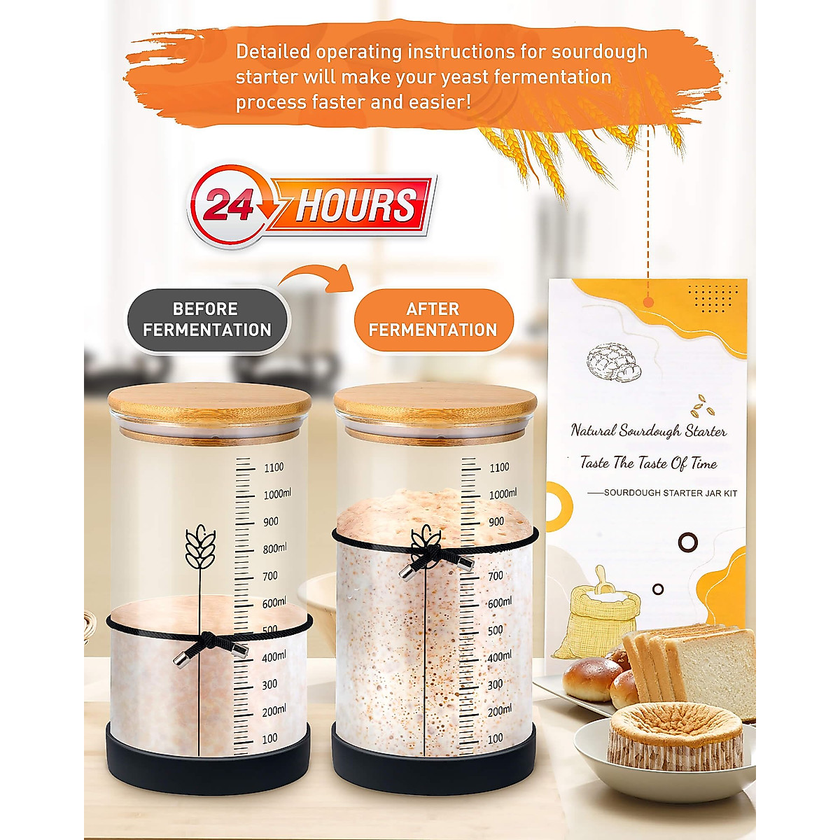 Dangyuxia Sourdough Starter Jar Kit 39 oz Sourdough Starter Jar Sourdough Starter Kit with Thermometer, Sourdough Jar Silicone Spatula, Cloth Cover & Bamboo Lid, for Sourdough Bread Baking Supplie