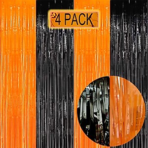 EUFARS Foil Fringe Curtains-4 Pack of 3.2x8.2ft Orange Black Foil Fringe Curtains for Birthday Halloween Photo Backdrop Party Decorations, Orange and Black Party Streamers for Photo Booth Props