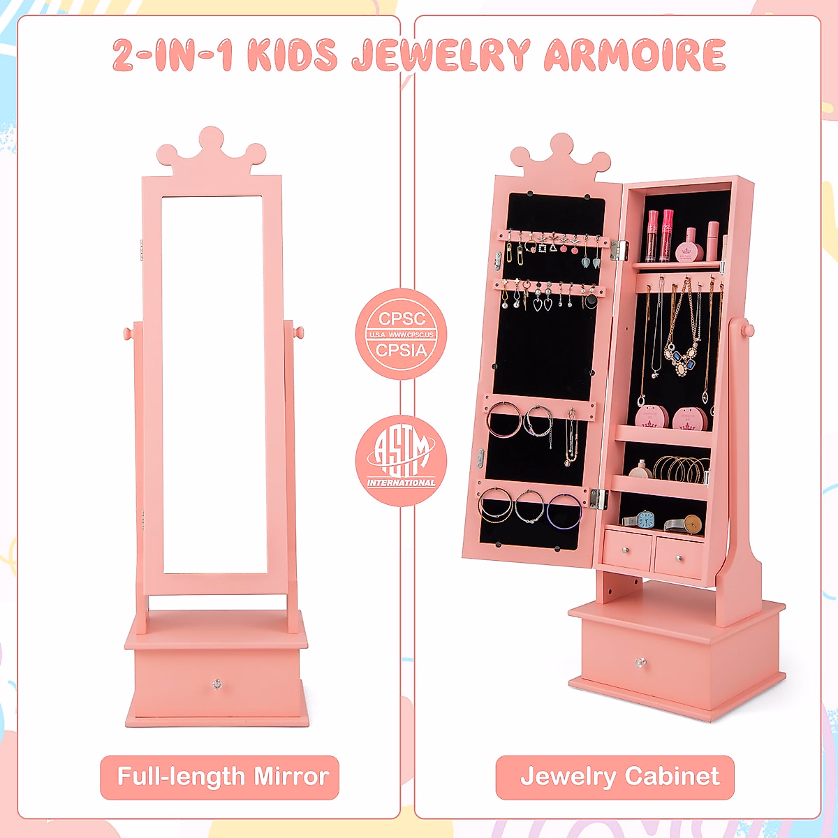 GOFLAME Kids Jewelry Armoire, Children’s Jewelry Cabinet with Full Length Mirror & Storage Drawers, Freestanding Jewelry Organizer for Girls, Birthday/Christmas Gift (Pink)