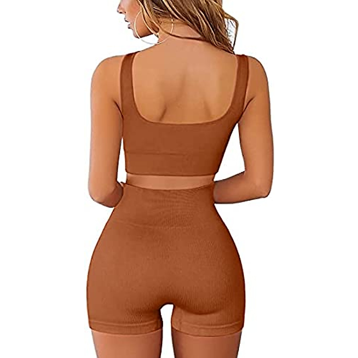 Women's Seamless Ribbed Crop Tank and Tummy Control Biker Shorts Jumpsuit Romper Set 2 Piece Workout Outfit Coffee L