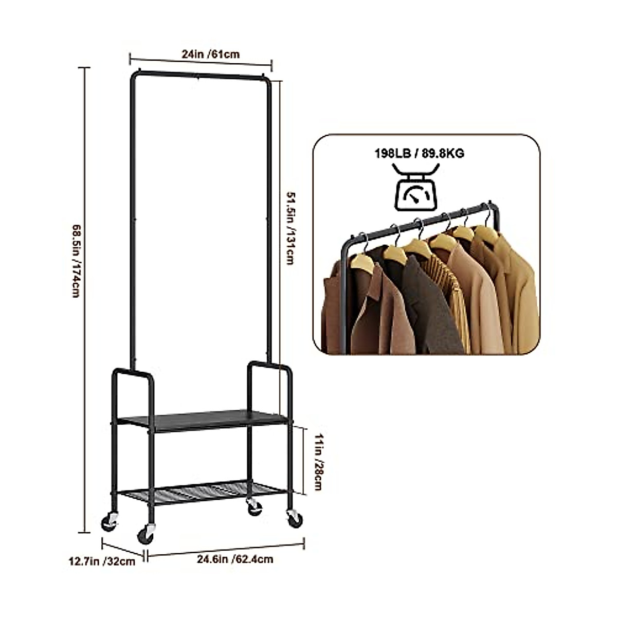 Labonida Rolling Clothing Rack - Space-Saving Clothes Rack on Wheels - Portable Hanging Storage Organizer with 2 Shelves - Sturdy Metal Garment Rack for Home & Business (Black, Industrial Style)