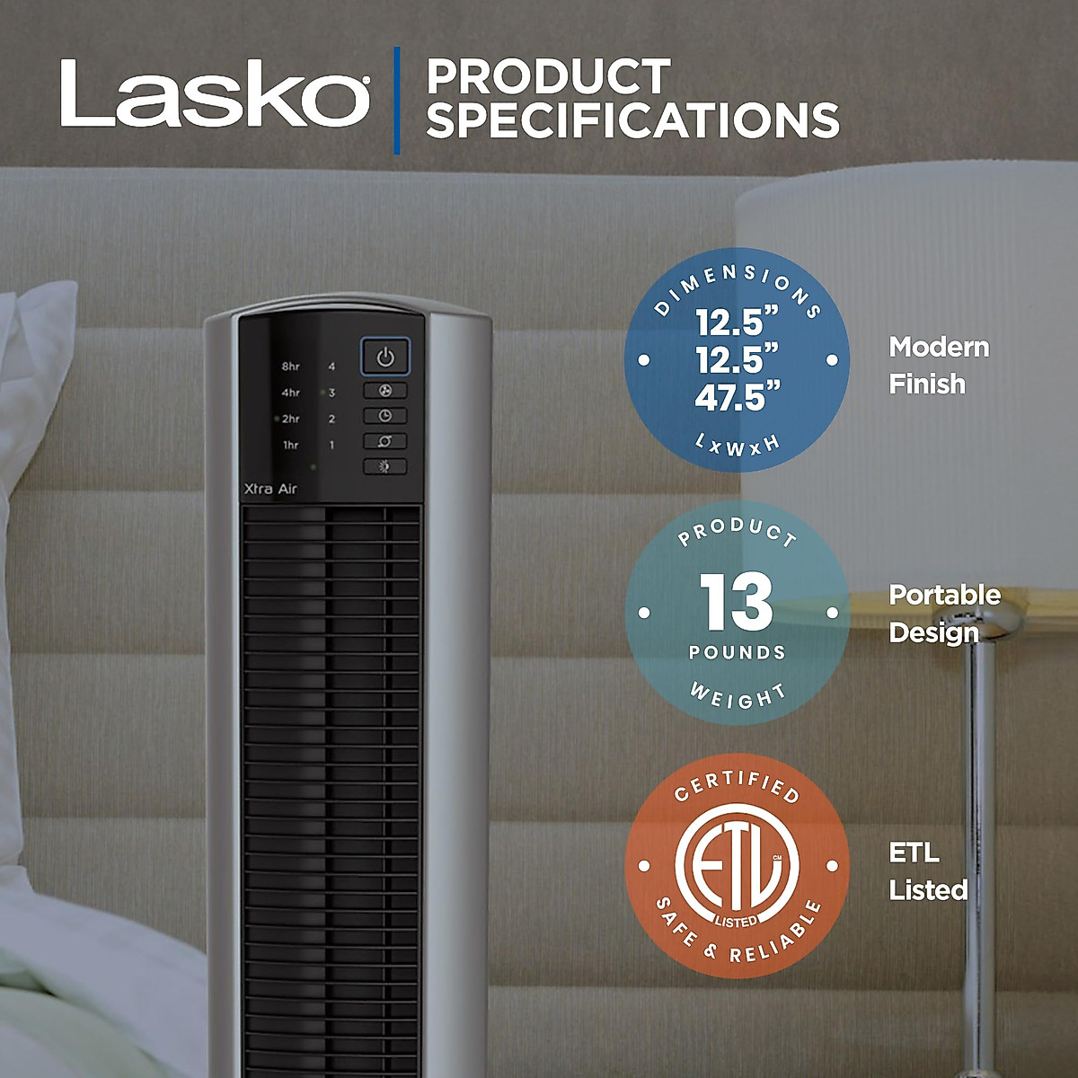 Lasko XtraAir 48 Inch Widespread Home Oscillating Tower Fan with Electronic Controls, Remote, 8 Hour Timer, and Nighttime Setting, Silver