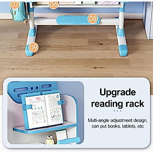 Kids desk and chair set,Premium Kids Study Desk Chair Set,Height Adjustable Children's Desk and Chair School Study Table Chair ,Ergonomic Desk Chair with Writing Board, Bookshelf and Drawer (Blue)