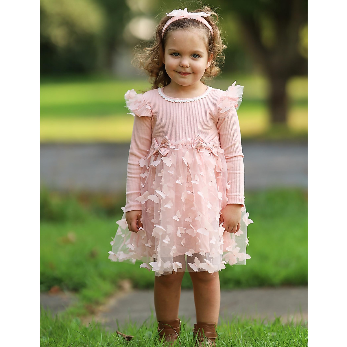 PATPAT Baby Girl Dress Long Sleeve Tutu Dress Infant Girl Tulle Dress Flower Girl Party Birthday Princess Dresses Light Pink 12-18 Months