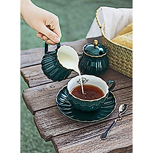 Amazingware Porcelain Tea Set - Tea Cup and Saucer Set Service for 6, with 28 ounces Teapot Sugar Bowl Cream Pitcher Teaspoons and Tea Strainer - for Thanksgiving - Pumpkin Fluted Shape, Dark Green
