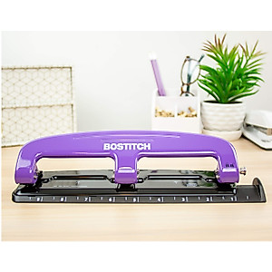 Bostitch Office EZ Squeeze Reduced Effort 3-Hole Punch, 12 Sheets, Purple (2105), 1.6" x 3" x 11"