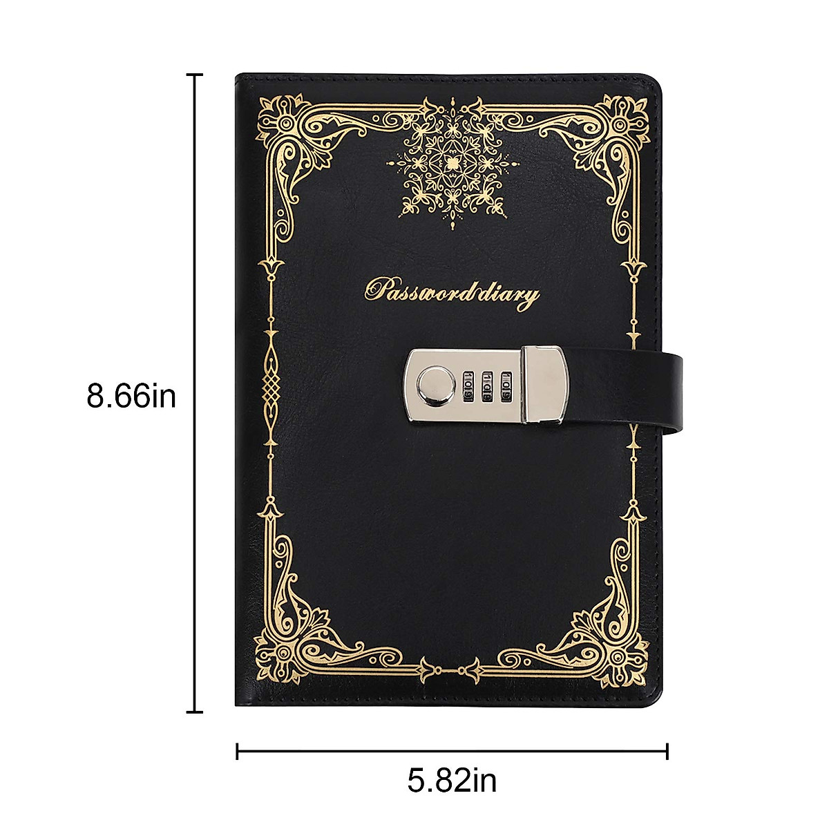 IPENNY A5 Vintage Leather Journal with Combination Lock Digital Password Journal with Bookmark Pen Loop Retro Privacy Notebook Writing Travel Diary Locking Journal, 100 Sheets (#2,Black)