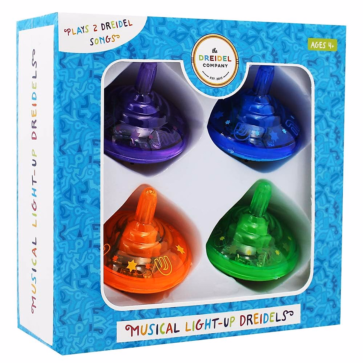 The Dreidel Company Hanukkah Musical Light-Up Dreidel Spinning Tops Set, Plays 2 Classic Hanukkah Songs, Assorted Colors (4-Pack)