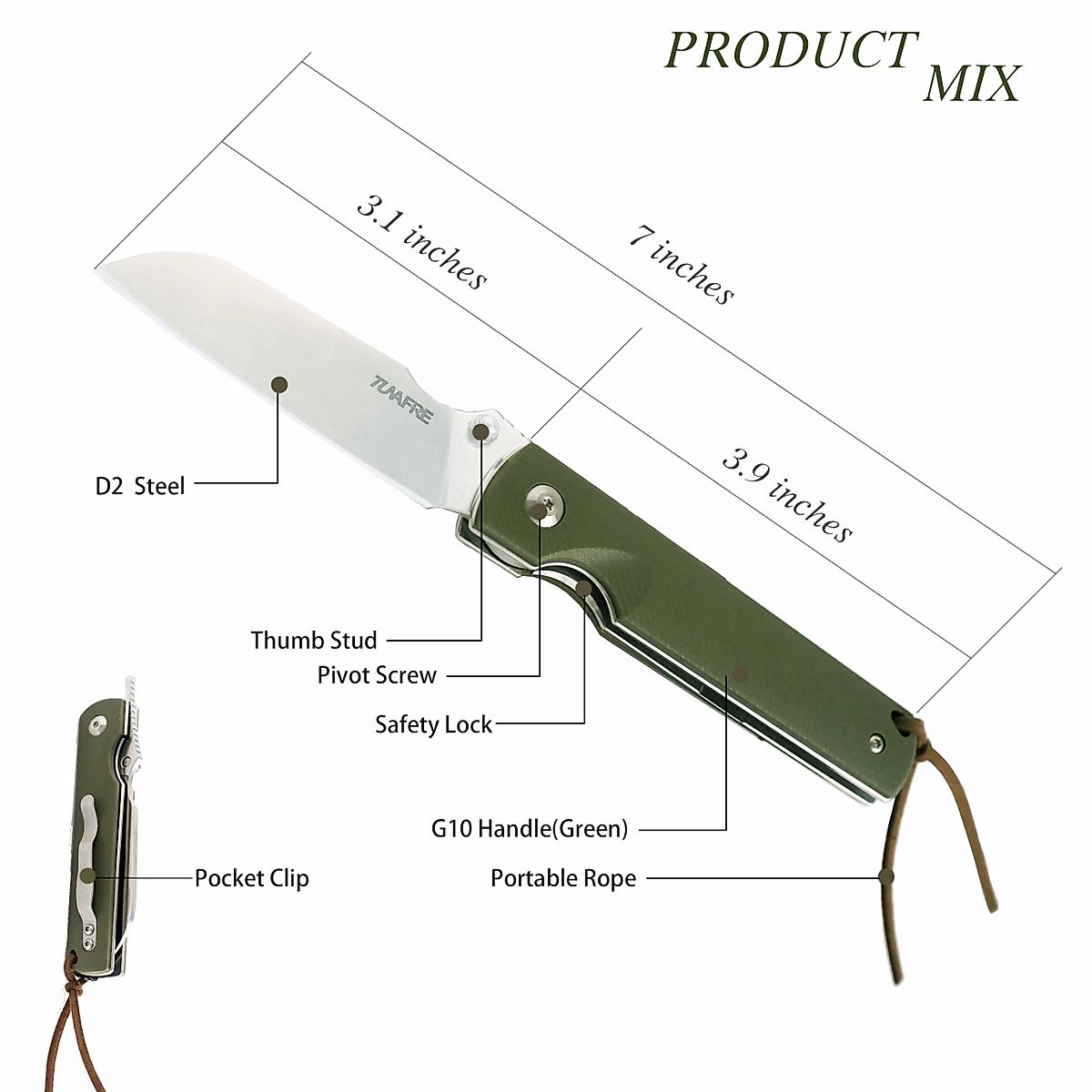 Tunafire Folding Pocket Knife,3 Inch D2 Blade G10 Handle with Thumb Stud Opener-Everyday Carry,Outdoor Use