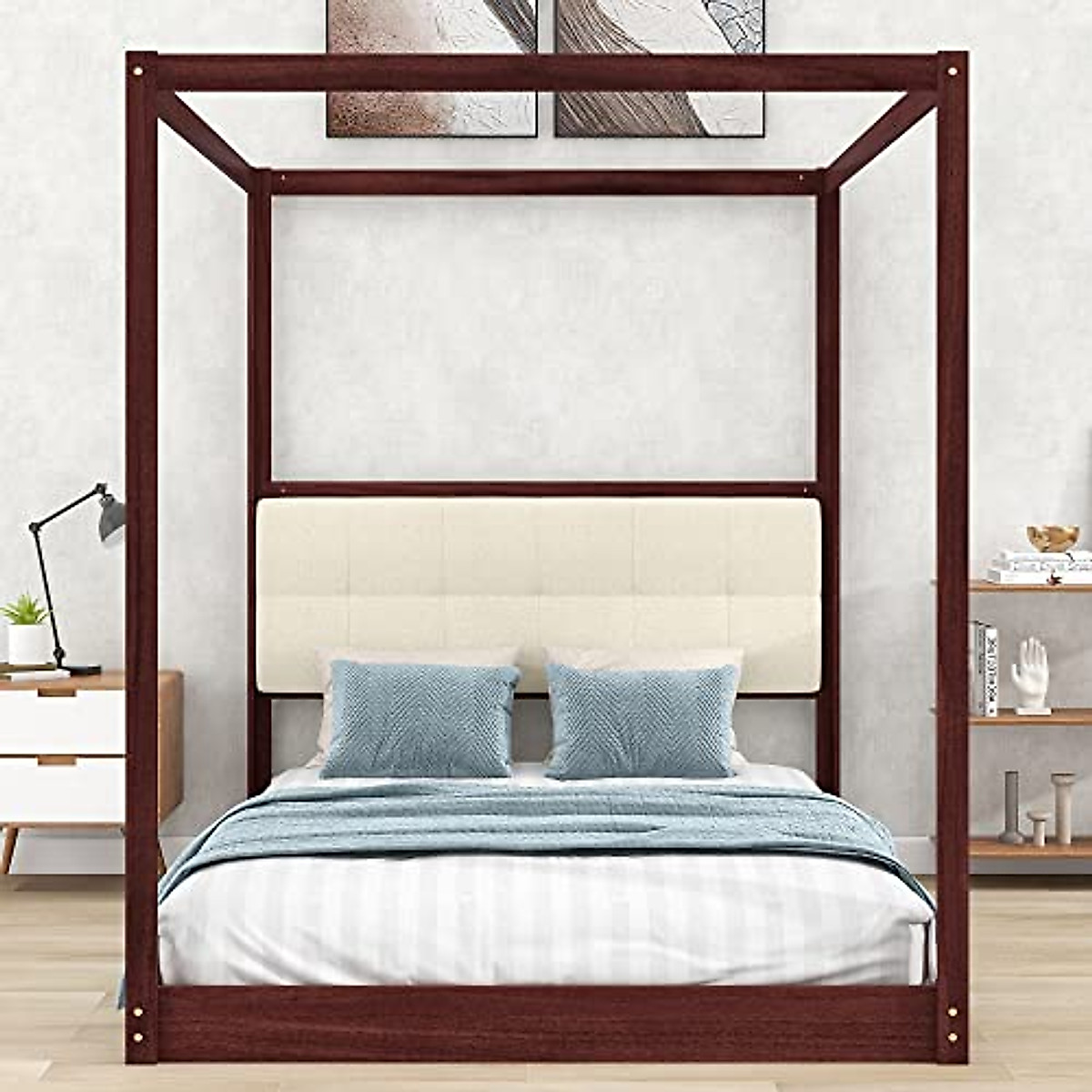 DOLPRNE Modern Queen Size Wooden Canopy Platform Bed with Upholstered Headboard,Multiple Choice for Kids Teen Adults Bedroom,Box Spring Not Required,Espresso