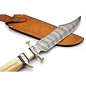 HandSmith™ 15" Handmade Damascus Steel Hunting Knife, Hand Forged Damascus Steel Fixed Blade Bowie Knife, Genuine Leather Sheath, Camel Bone Handle Firm Grip (White)