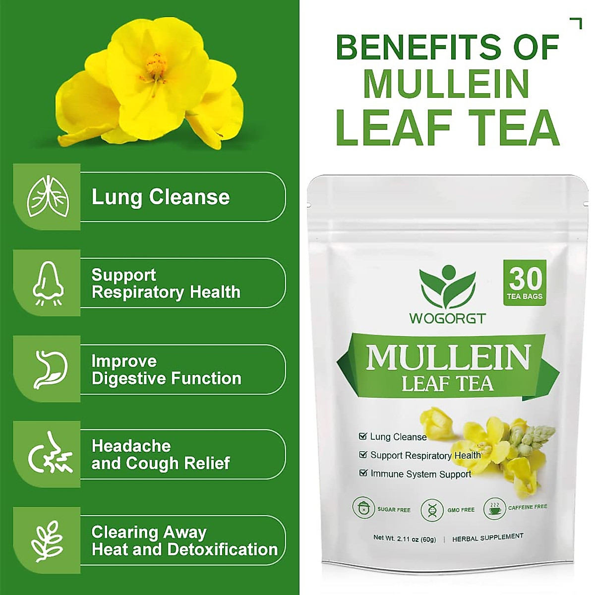 Mullein Tea Bags - Organic Mullein Leaf Tea for Lungs Cleanse and Respiratory Support, Caffeine Free - 30 Tea Bags