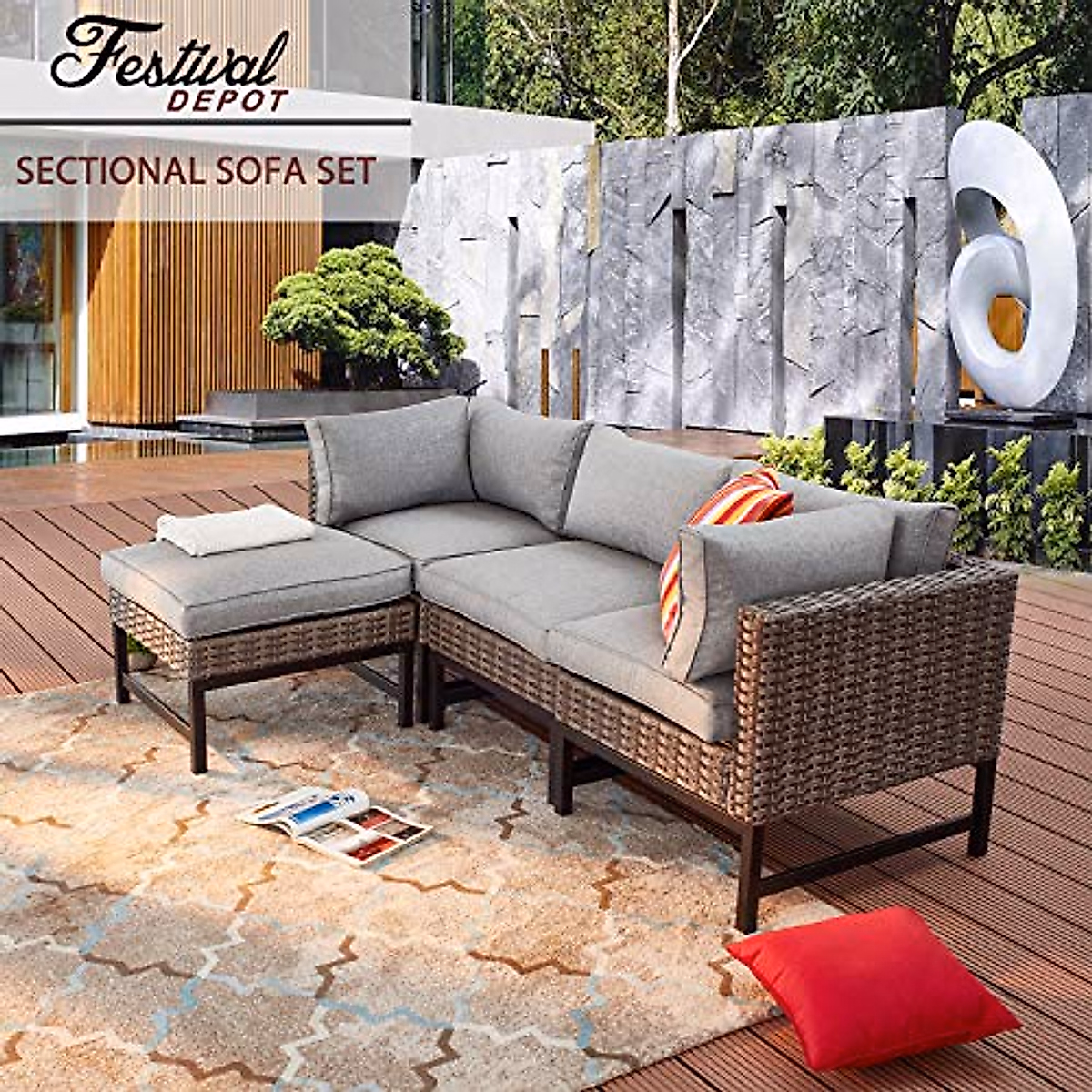 Festival Depot 4-Piece Patio Conversation Set Sectional Corner Sofa Combination Outdoor All-Weather Wicker Metal Armless Chairs for Porch Lawn Garden Balcony Pool Backyard, Brown
