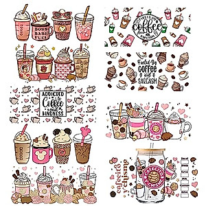 GUNKY UV DTF Cup Wrap, 9Sheets Coffee Theme Rub on Transfers for Crafting 16OZ Libbey Glass Cups Wrap Transfer Stickers Decals Waterproof Crafts Vintage, Pink