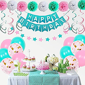 Birthday Decorations, Birthday Party Supplies Kit for Girls Women Happy Birthday Banner Pink Teal Latex Balloons Tissue Paper Pom Pom Star Garland Hanging Swirls Birthday Decor for 13th 16th 18th 21st