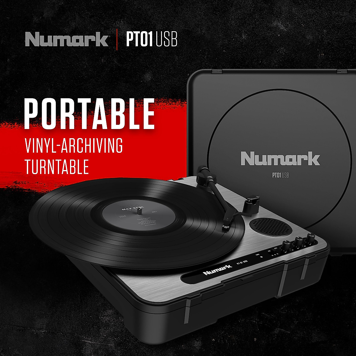 Numark PT01USB - Portable Vinyl Record Player, USB Turntable With Built In Speaker, Power via Battery or AC Adapter, Three Speed RPM Selection for Hi-Fi, Outdoors listening, DJ, Recording