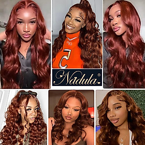 Nadula 12A Reddish Brown Body Wave Human Hair Weave 3 Bundles for Women, 16 18 20inch Brazilian Virgin Remy Hair Bundles Auburn Brown Copper Red Colored Human Hair Wavy Weaves Extensions 33B Color