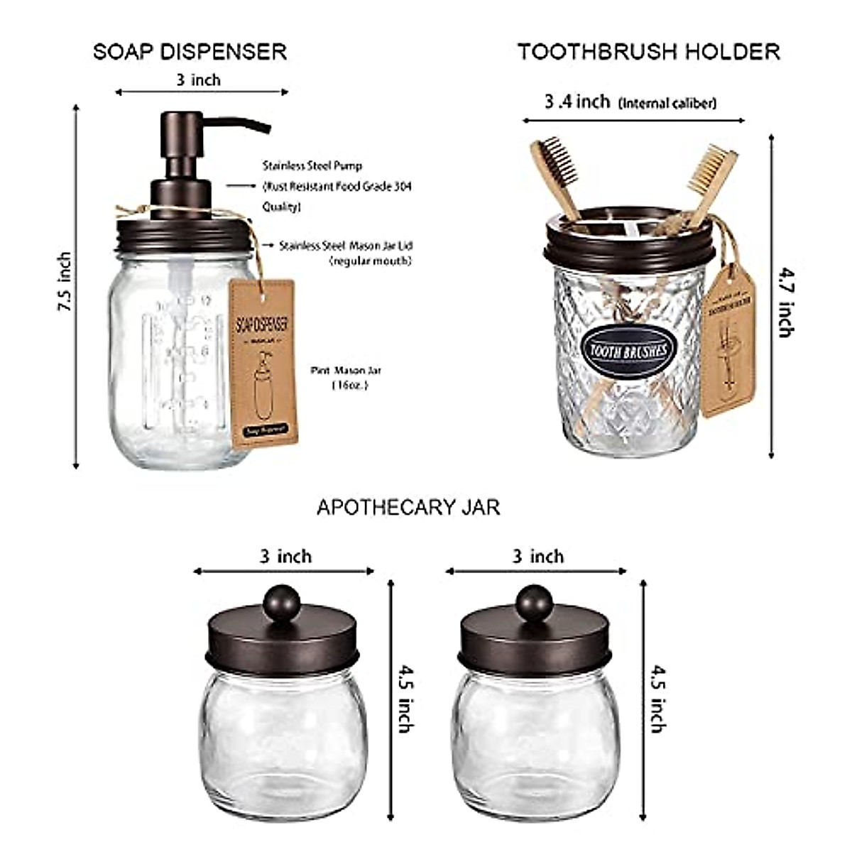 Amolliar 4PCS & 2pcs Bronze Mason Jar Bathroom Accessories Set-3pcs Lotion Soap Dispenser & 2pcs Cotton Swab Holder &1pcs Toothbrush Holder,Waterproof Stickers,Rustic Farmhouse Decor
