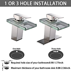 AVSIILE LED Bathroom Sink Faucet, Brushed Nickel Waterfall Single Hole Handle Vanity Faucets for Sinks 1 Hole with Metal Pop Up Drain and 2 Water Supply Lines, Open Glass Spout