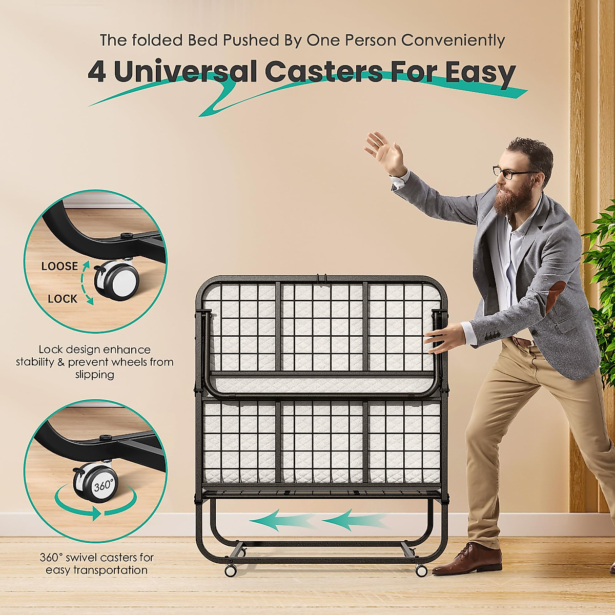 Greenvelly Folding Bed with Mattress, 75" x 38" Roll Away Beds for Adults,Metal Frame Fold Up Beds with Memory Foam Mattress,Guest Bed