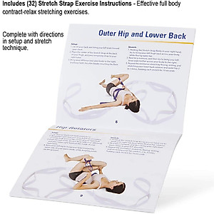 Stretch Strap with Loops for Physical Therapy, Flexibility, Range of Motion and Workouts with Exercise Book. Non-Elastic Band for Yoga, Pilates. Stretch Out Hamstring, Knee, calf, Back, Shoulder