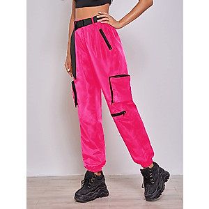 MakeMeChic Women's Casual Plain Mid Waist Utility Cargo Pants Jogger Pants with Belt Hot Pink XL