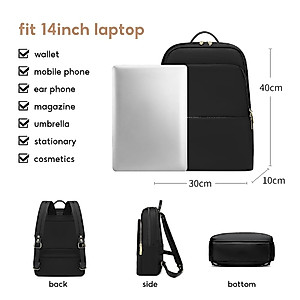 FULL DESIGN Travel Laptop Backpack for Women, 14 inch Water Resistant Computer Backpack, Fashion Daypack Shoulder Bag for Work School (Black)