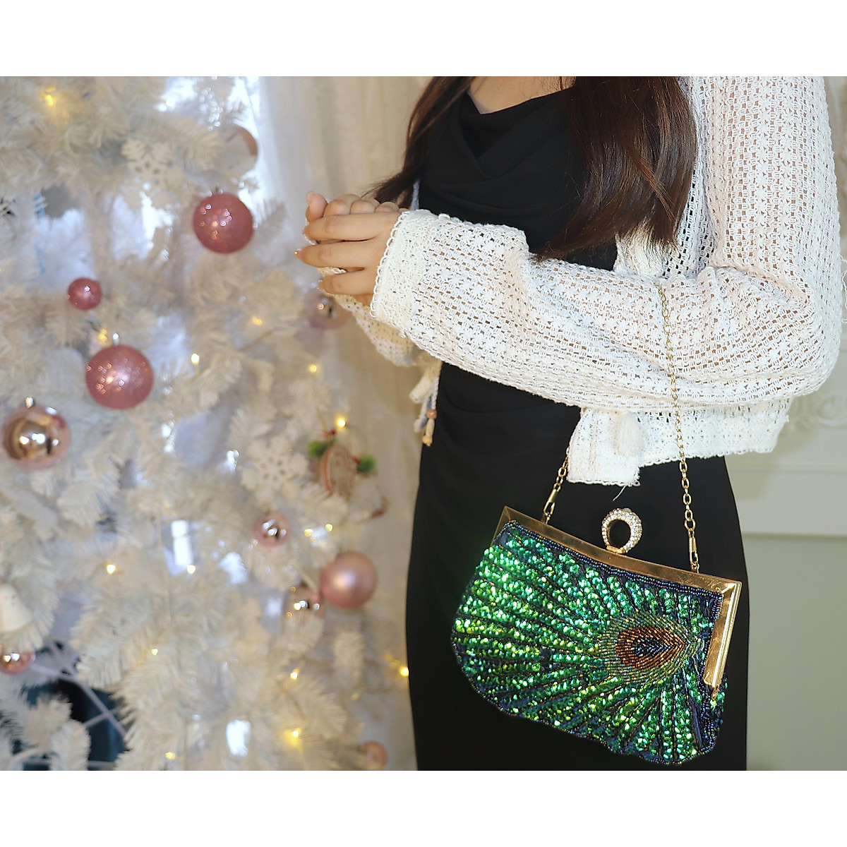 Peacock Evening Bag Sequins Beaded Clutch Purse with Ring Lock Closure for Wedding Party Peacock Blue