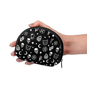 Skull Cat Moon Gothic Canvas Small Coin Purse Pouch Change Wallet Card Holder with Zipper for Women Girls Gift