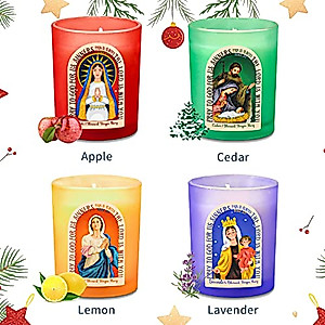 Virgin Mary Prayer Candles Christian Religions Saints Jesus Devotional Soy Wax Lavender, Cedar, Lemon and Apple Scented Glass Votive Candles for Altar, Mantle, Church - Set of 4