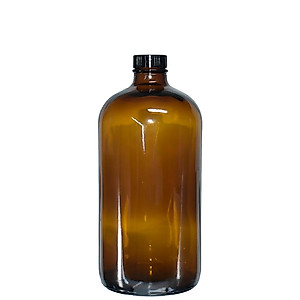 GlassBottleOutlet (Pack of 6) 32 oz. Amber Boston Round with Black Poly Cone Cap