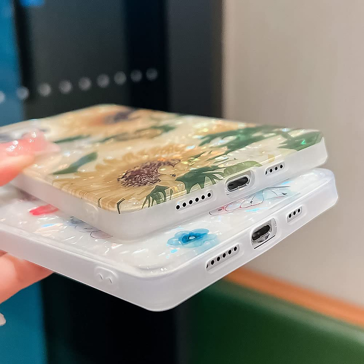 KERZZIL Square Edge Compatible with iPhone 13 Pro Max Mother-of-Pearl Case,Chic Slim Sunflower Pattern Soft TPU Silicone Rubber Gel Protective Bumper Cases Cover(Green)