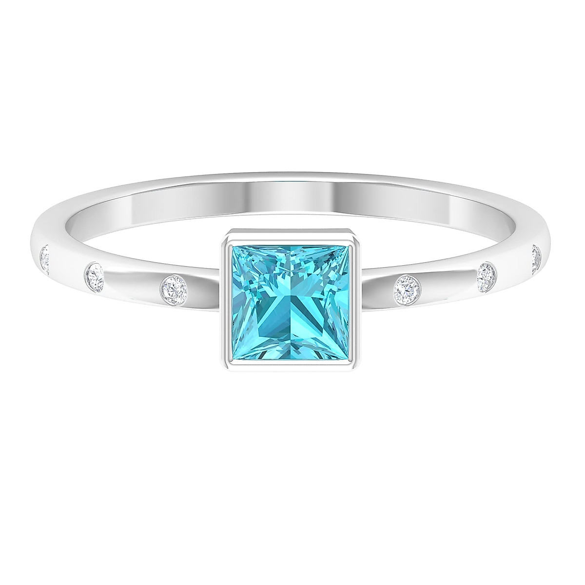 Rosec Jewels Certified Natural Swiss Blue Topaz Diamond Promise Ring, AAA Quality, Blue Topaz Diamond Commitment Ring - Ready to Gift, 14K White Gold, Size:US 5.00