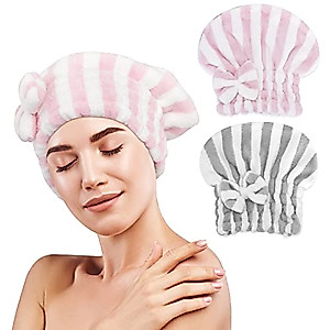 Unaikoo 2 Pack Microfiber Hair Drying Towels, Super Absorbent Turban Hair Towel Cap, Quick Dry Head wrap with Bow-Knot Shower Cap for for Curly, Long, Thick Hair & Wet Hair (Purple & Grey)