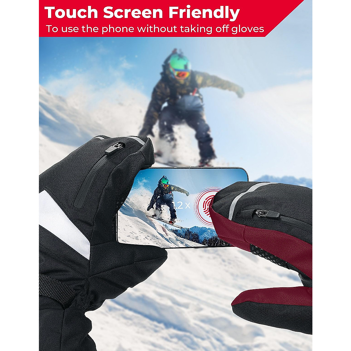 KEMIMOTO Heated Mittens for Men Women Rechargeable, Ski Mittens Gloves Electric 2PCs Battery with Touchscreen Waterproof Hand Warmer for Winter Skiing Snowboarding Hiking Climbing Camping, Size L