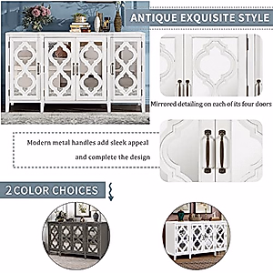 60'' Retro Mirrored Console Table Sideboard with 4 Cabinets and 3 Adjustable Shelves, Large Storage Cabinet Free Stand Kitchen Buffet Server Cabinet for Entryway/Living Room/Dining Room (White-59.8'')