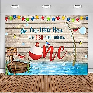 Mocsicka Gone Fishing Birthday Party Backdrop O-Fish-Ally 1st Birthday Party Decoration for Boy Rustic Wooden Cake Smash Photography Background (7x5ft)