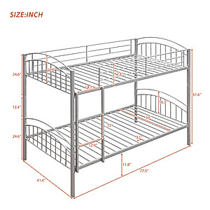 Twin Over Twin Metal Bunk Beds, Convertible Bunk Bed Divided into Two Beds for Kids Boys Girls Teens, Silver