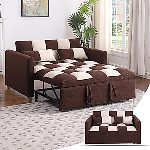 Otnqu Lonvertible Sofa Bed - 3 in 1 Loveseat Sleeper Sofa,Pull Out Sleeper Bed with Adjustable Backrest,Multi-Functiona Lounge Chair with Teddy Fabric for Living Room(Brown+Beige)
