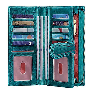 YOUBDM Leather Wallets for Women Large Capacity Credit Card Holder Ladies Travel Clutch Purse Bifold Oil Wax Wallet with Zipper Pocket