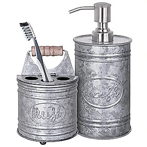 Autumn Alley Rustic Bathroom Accessories Set - Farmhouse Bathroom Soap Dispenser and Toothbrush Holder Set - Western Bathroom Accessories, Farmhouse Decor for Bathroom Countertop, Galvanized Grey