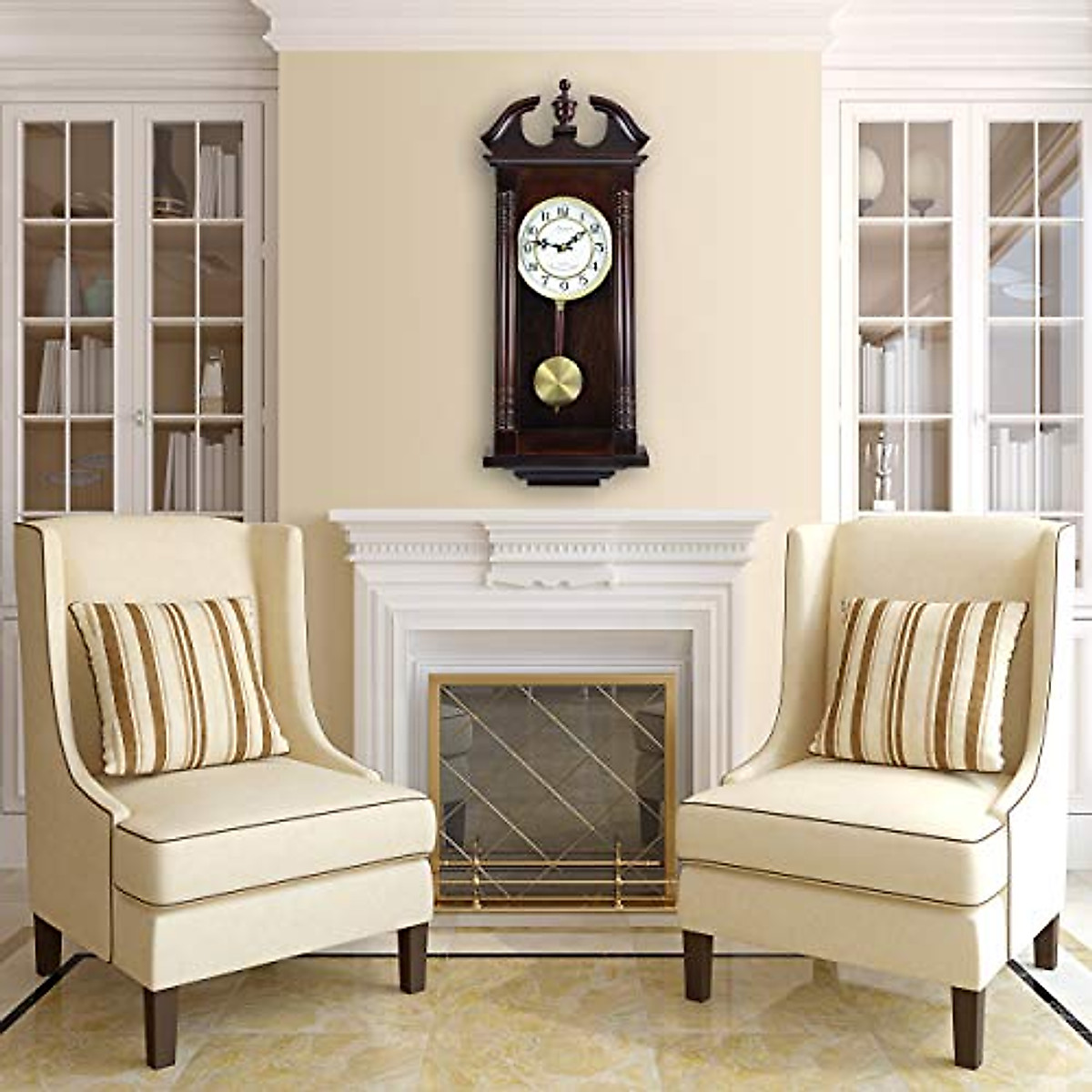 Bedford Clock Collection Classic Chiming Wall Clock with Swinging Pendulum in Cherry Oak Finish, 4.75" L x 11.75" W x 27.50" H