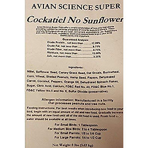 Volkman Avian Science Super Cockatiel No Sunflower Bird Food Daily Diet for Lovebirds Green Cheeked Conures Sun Conures, One 8lb Bag