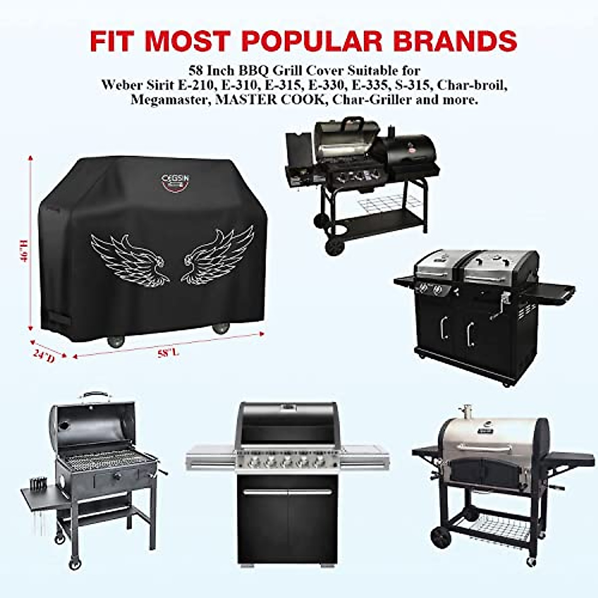 Cegsin Grill Cover, 58 Inch Waterproof BBQ Grill Cover, UV and Fade Resistant Gas Grill Cover, 600D Outdoor Eagle Wing Barbecue Gas Grill Cover Fits Grills of Weber Brinkman Char-Broil, Etc-Black