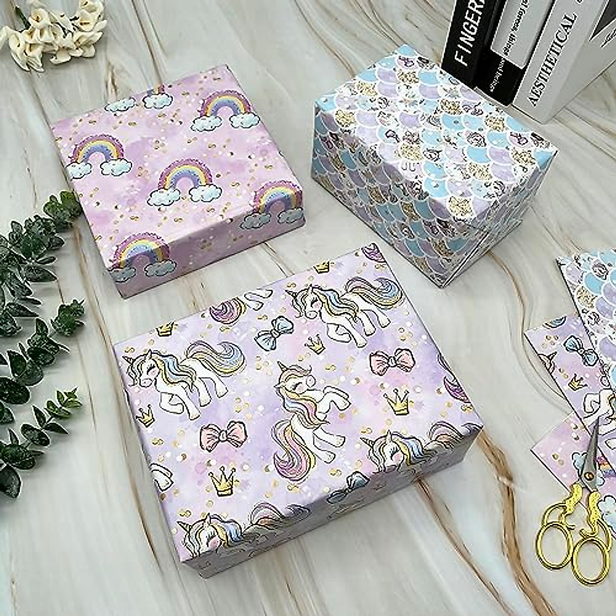 Dtiafu Unicorn Wrapping Paper - 12 Sheets Birthday Wrapping Paper for Girls Kids - Unicorn Princess Rainbow Mermaid Scale Gift Wrap in Pink Purple - 20 X 28inch Per Sheet