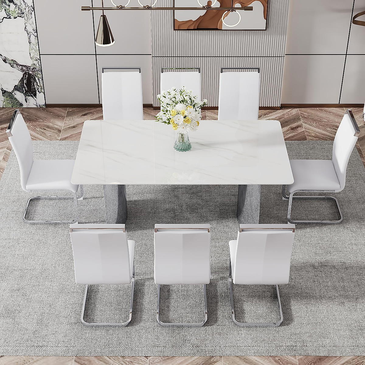 Maotifeys Marble Dining Table Set for 8, 9 Piece Modern Dining Room Table Set with Rectangle Dinner Kitchen Table and Upholstered Pu Leather Chairs, 71" White Faux Marble Dining Table Chairs Set of 8