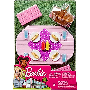Barbie Outdoor Furniture, Pink Picnic Table with Adjustable Seats and Hot Dog Picnic for 4