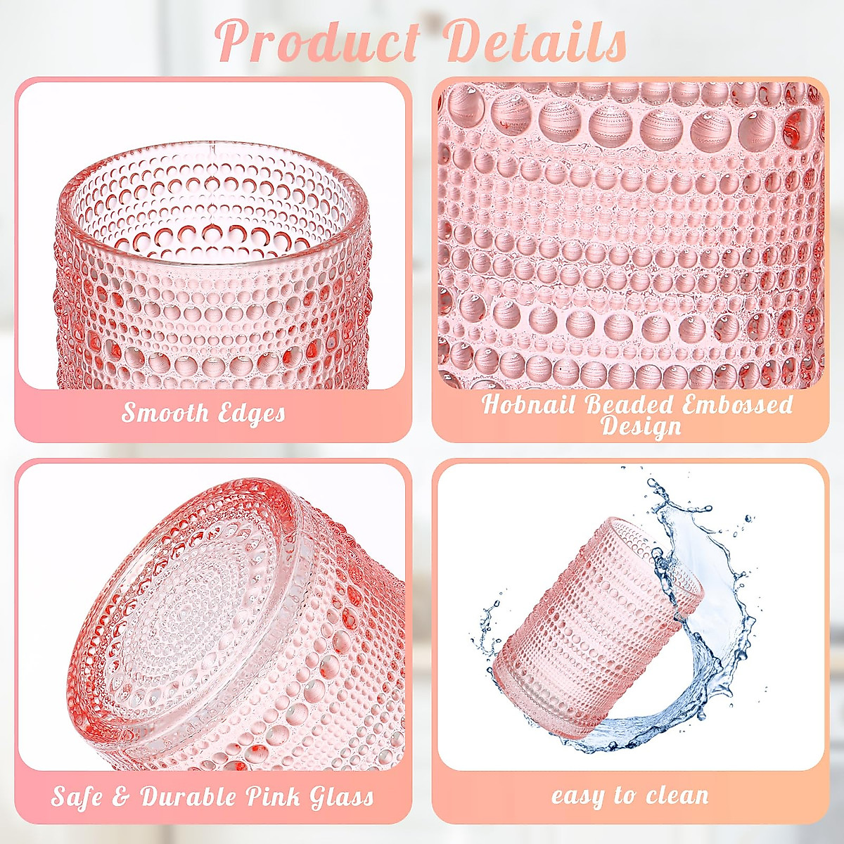 Roshtia 12 Set Pink Hobnail Beaded Drinking Glasses 15 oz Vintage Glassware Old Fashioned Iced Beverage Glasses Textured Cocktail Glasses Embossed Glassware Cups for Juice, Water, Not Dishwasher Safe