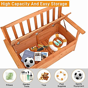 HMXD Cedar Wood Deck Box Bench, Storage Box with Backrest Armrest, All-Weather Yard Container Furniture for Tools, Toys, Outdoor Storage Bench Deck Box w/Seat for Backyard, Porch, Patio, Garden